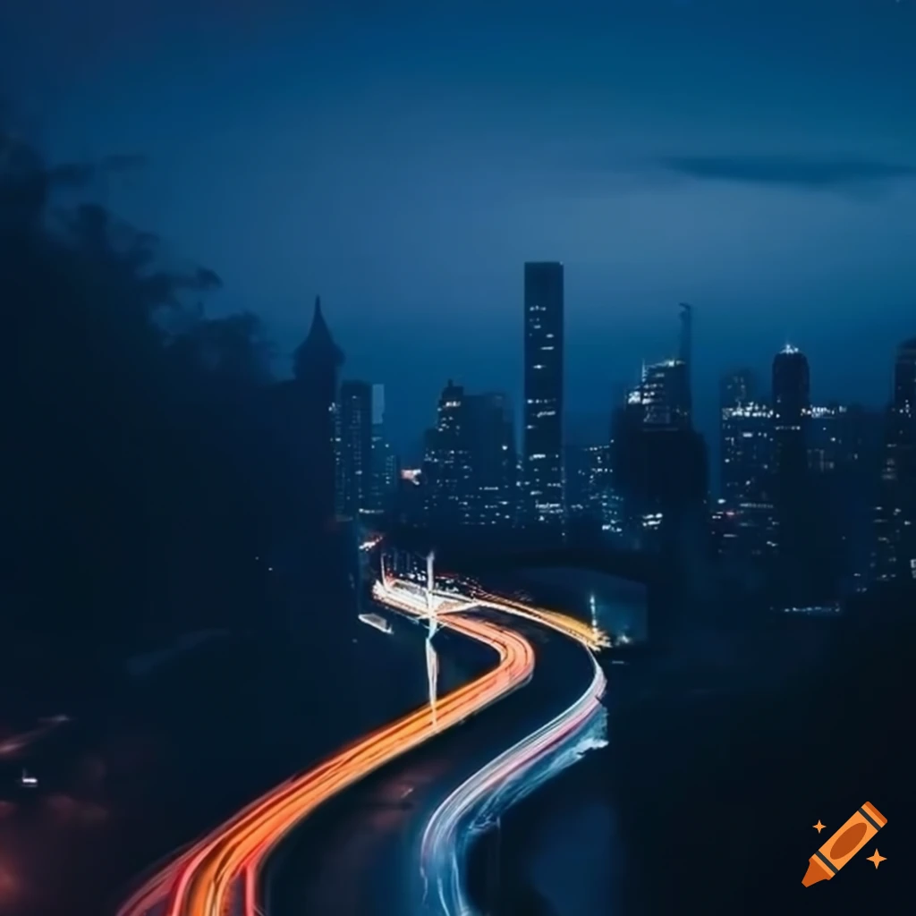 Night view of a city skyline with a lit-up highway on Craiyon