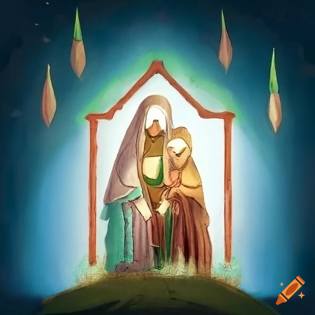 Christmas card with a colored pencil nativity scene