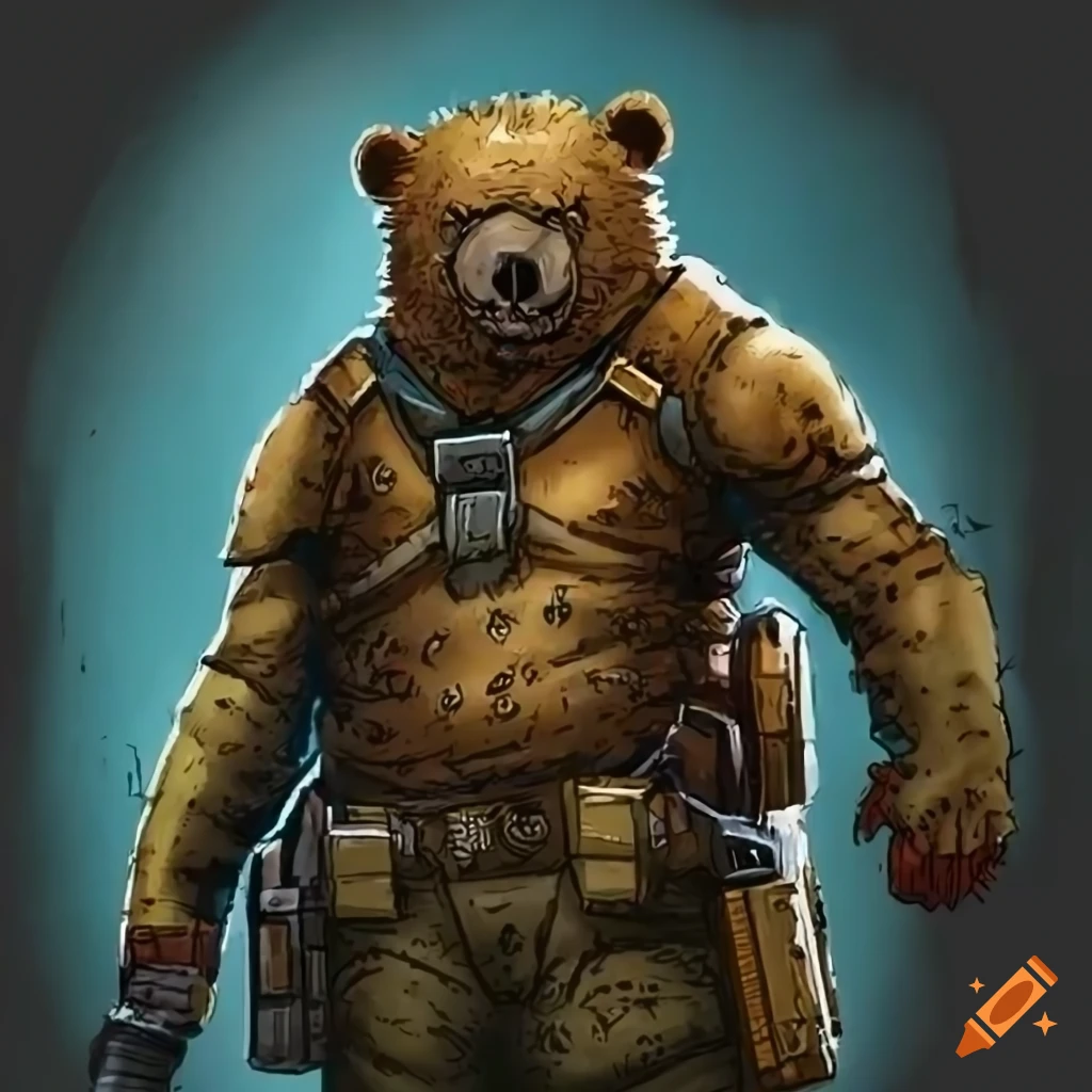 Comic-style illustration of a bear soldier in a futuristic setting