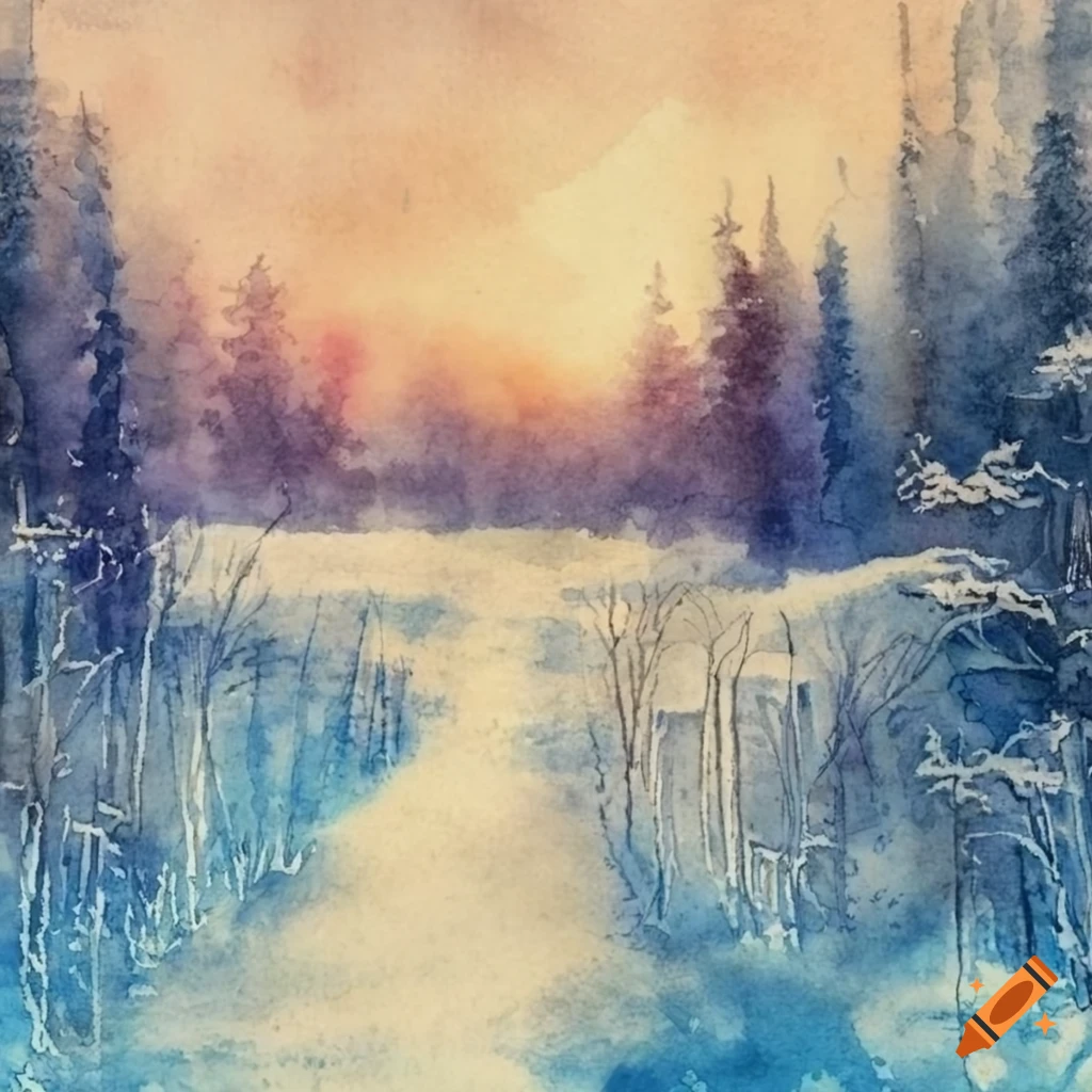 Vintage watercolor of a peaceful winter path on Craiyon