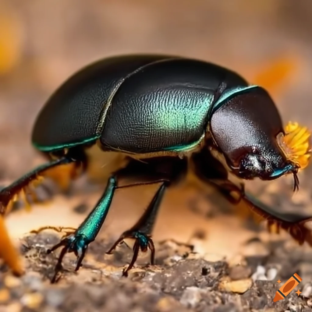Close-up of a dung beetle rolling dung on Craiyon