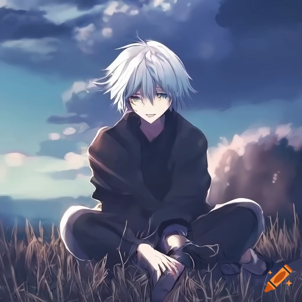 Anime boy sitting in a field admiring the sky on Craiyon