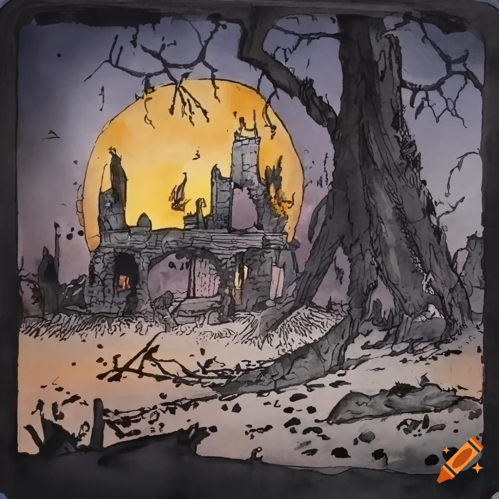 Detailed watercolor of a campfire in a desolate meadow at night on Craiyon