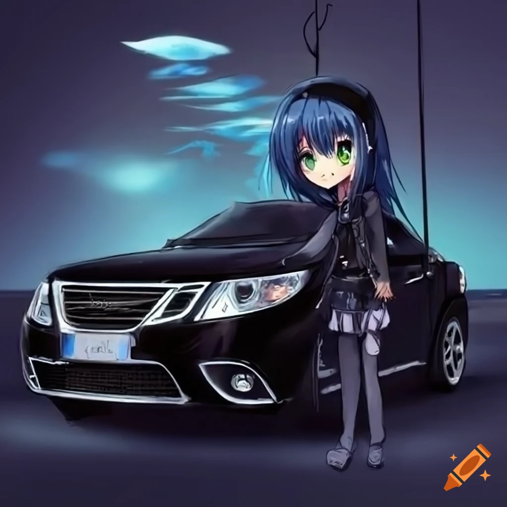 Anime girl mechanic working on a saab 9-5 car on Craiyon