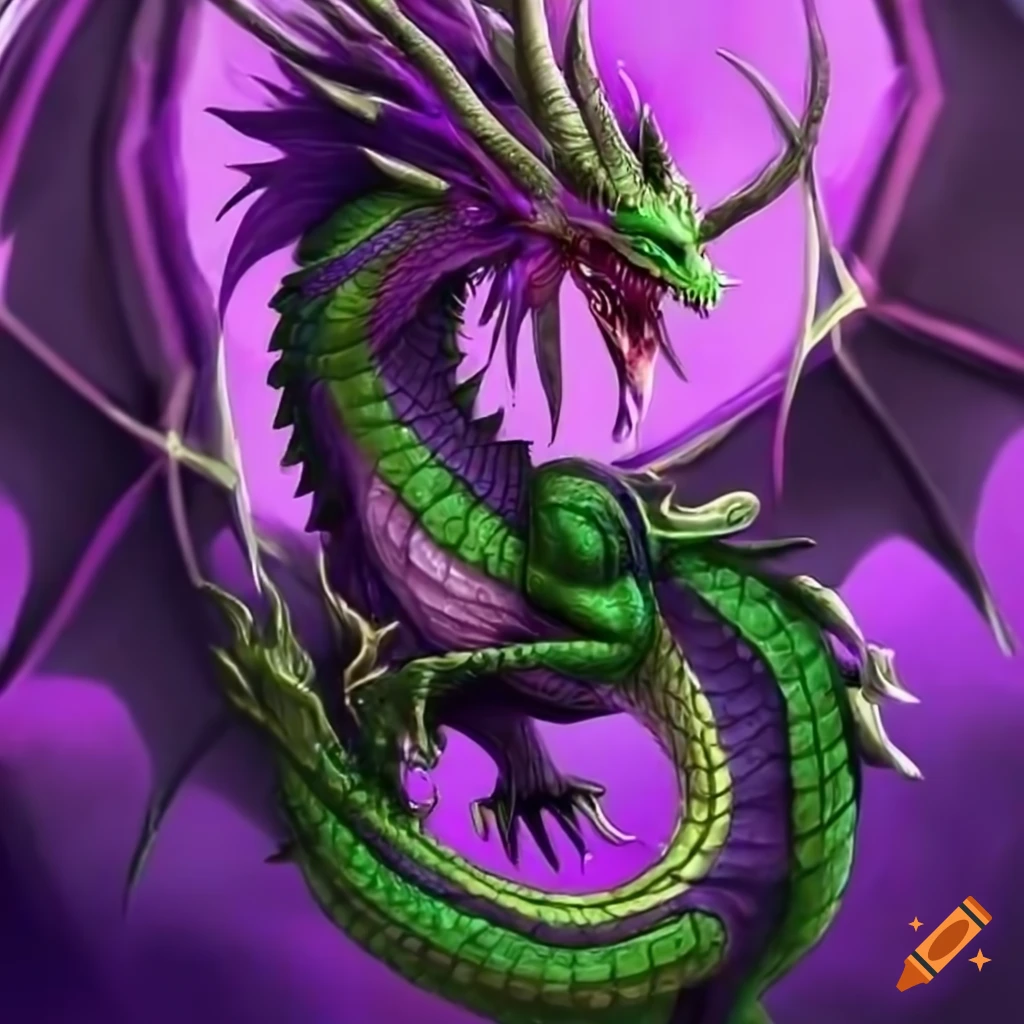 Image of a muscular purple and green dragon with horns and wings on Craiyon
