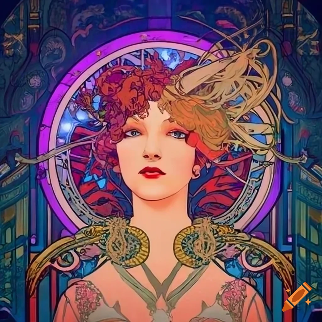 Neon-lit cityscape in alphonse mucha style on Craiyon