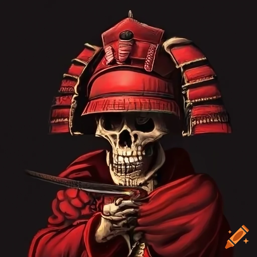 Illustration of a red skeleton with a samurai hat and sword on Craiyon