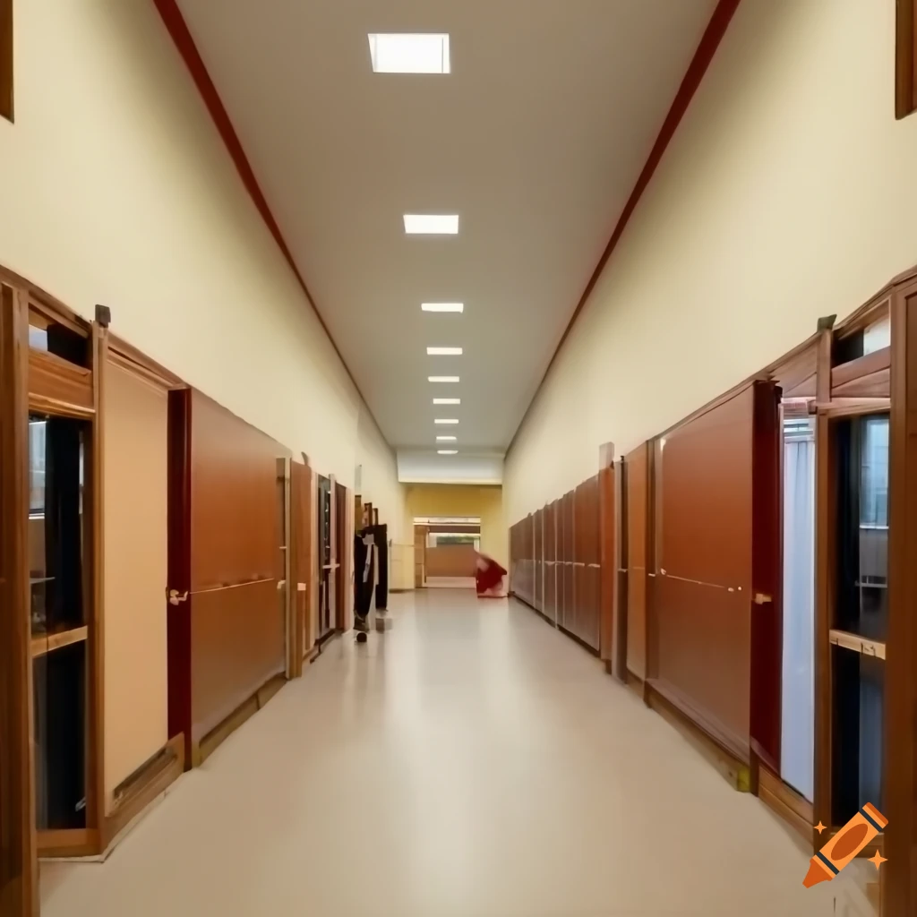 School corridor with classrooms and a hall on Craiyon