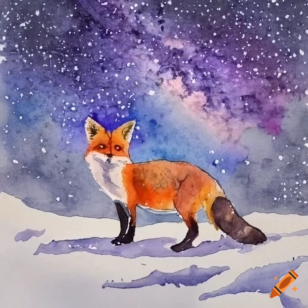 Watercolor of a curious fox under starry sky on Craiyon