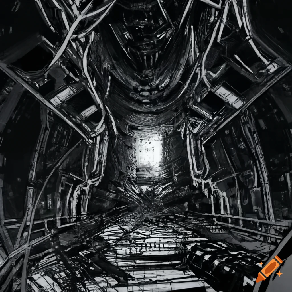 Interior of an abandoned megastructure with massive cables on Craiyon