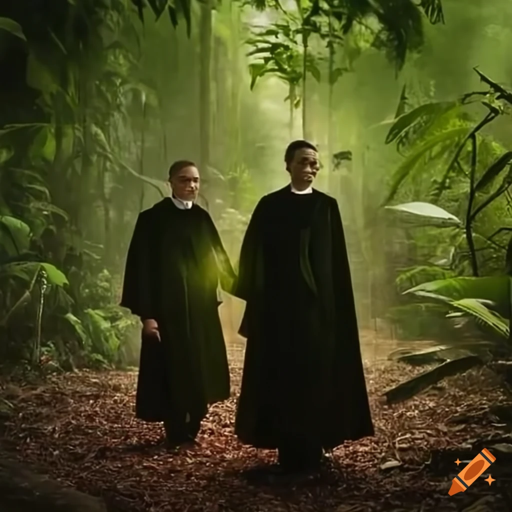 Photo of two jesuit priests in the tropical forest