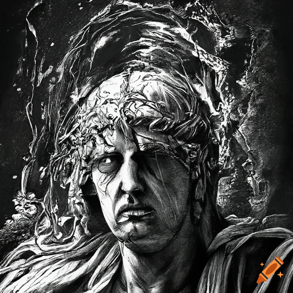 Black ink drawing of an exploding ancient rome