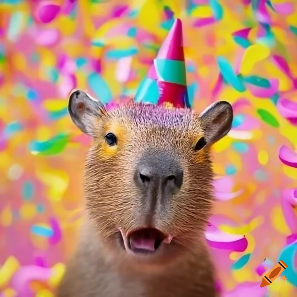 Cute capybaras with party hats and confetti on Craiyon