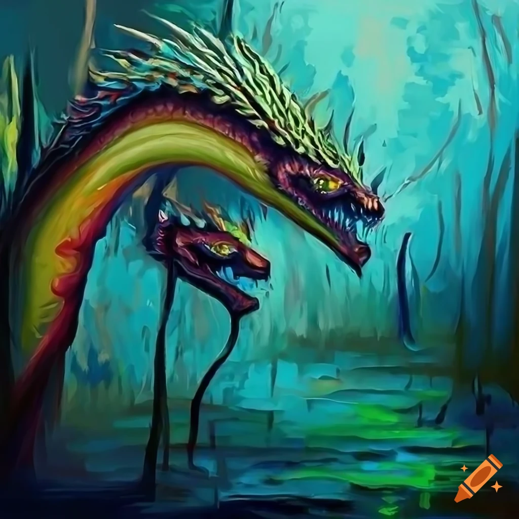 Abstract painting of a giant hydra in a gloomy swamp on Craiyon