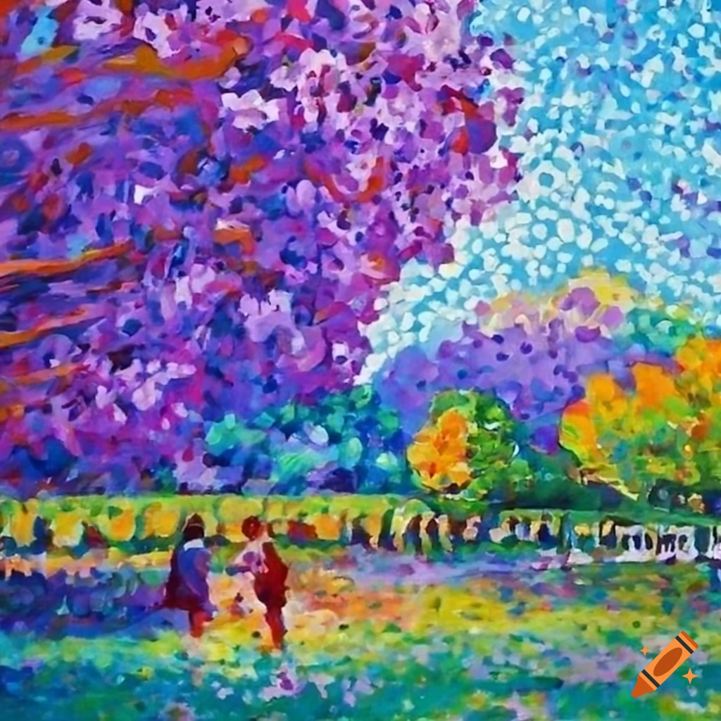 Pointillism painting of a couple in a garden on Craiyon