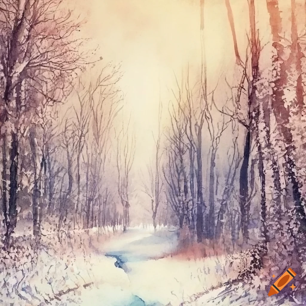 Serene winter path in the countryside captured in vintage watercolor on ...