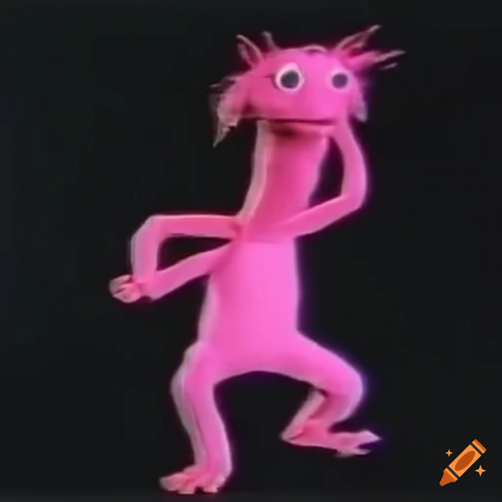 Vhs-style pink creature dancing in a sitcom on Craiyon