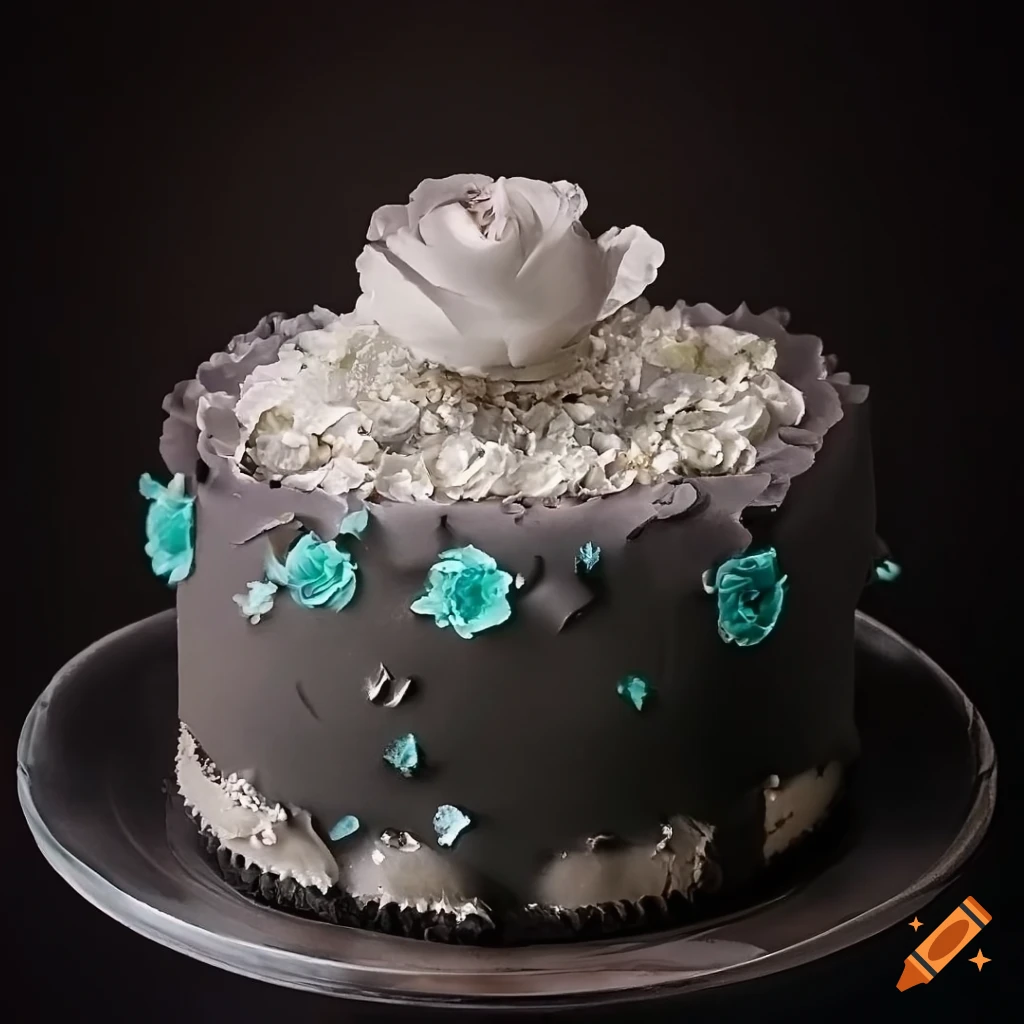 Dark gray cake with a light gray rose and emerald jelly crystals on Craiyon