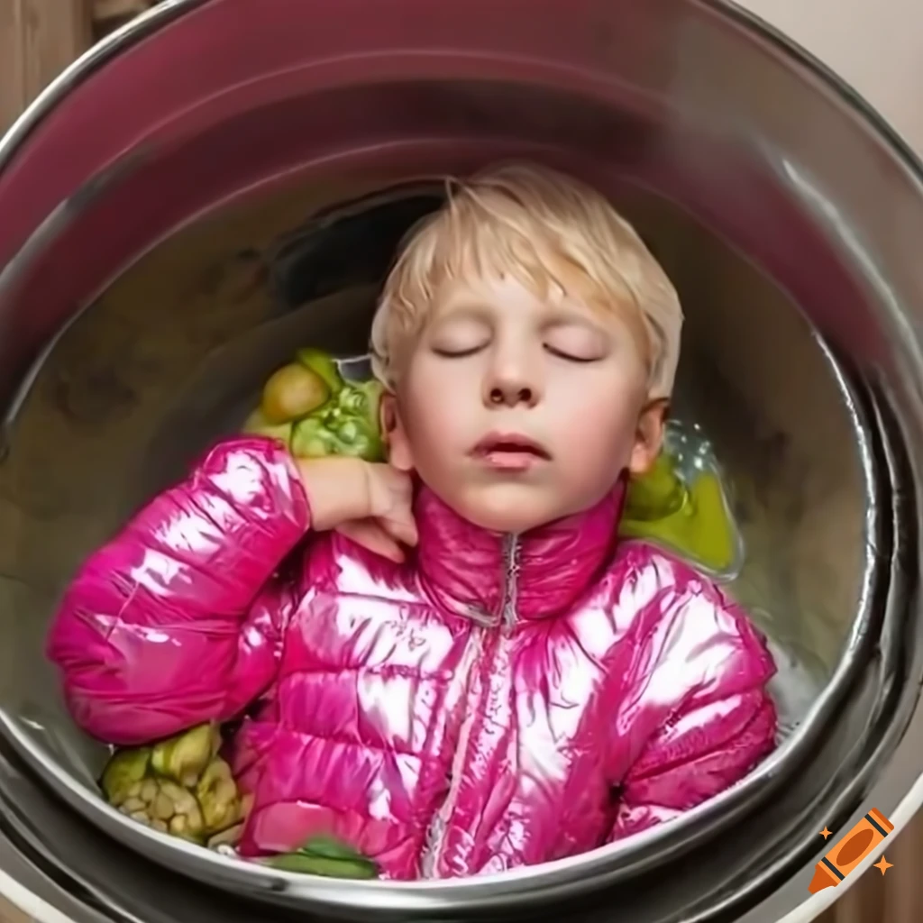 Blonde boy sleeping in a pot with cooked vegetables on Craiyon
