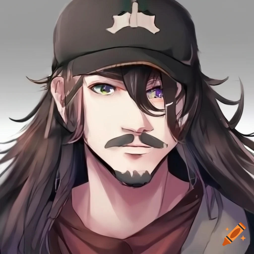 Anime character with long hair, moustache, and baseball cap