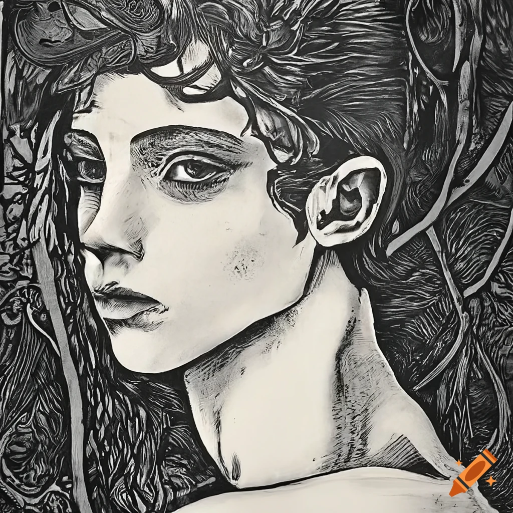 Linocut artwork of a young boy in the woods on Craiyon