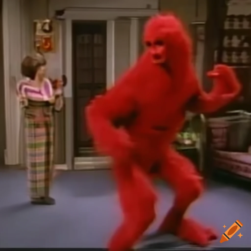 Vhs-style red creature dancing in a retro sitcom