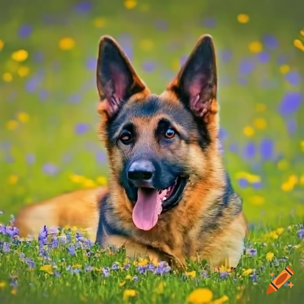 German shepherd relaxing in a flowery field on Craiyon