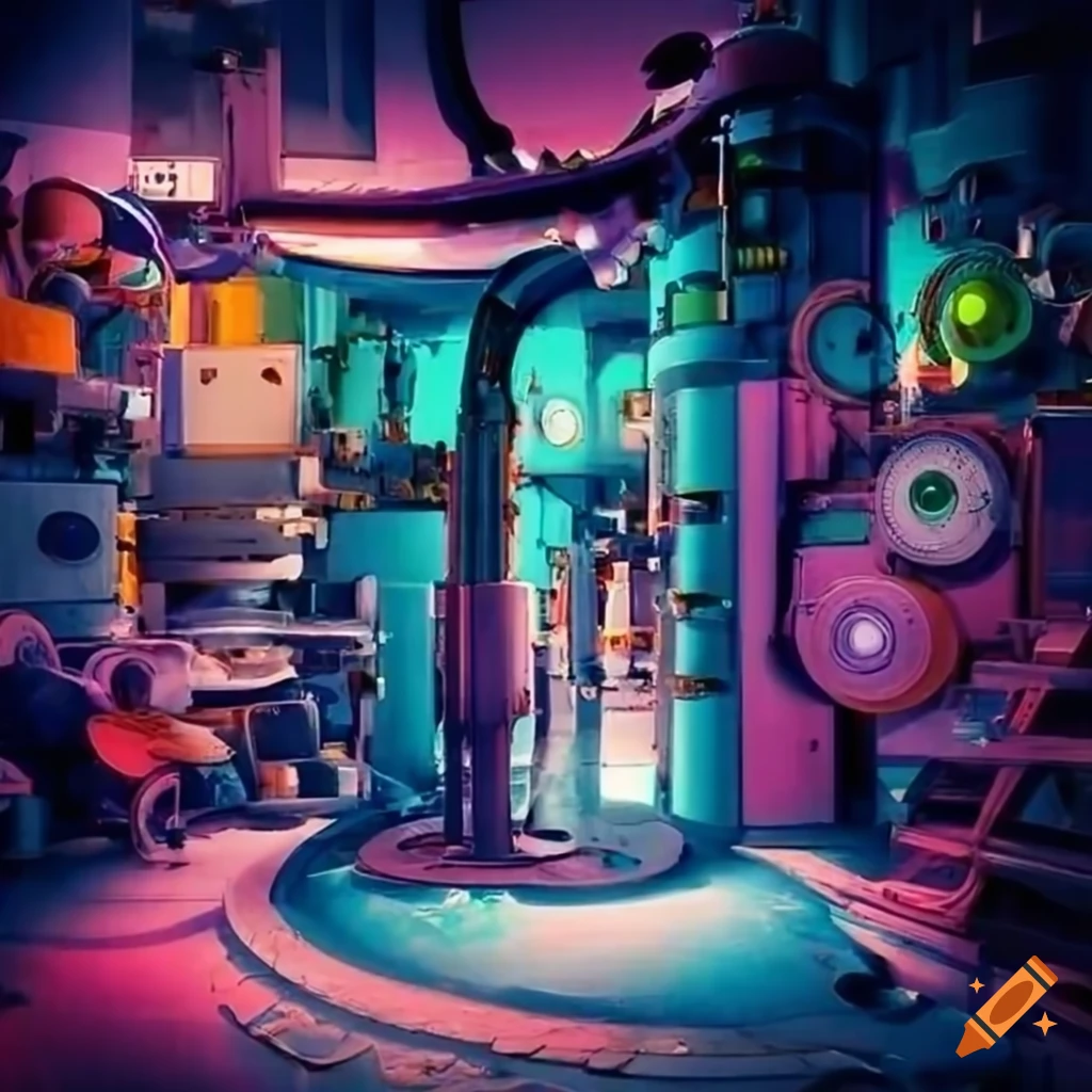Colourful mechatronics fantasy recycling factory interior on Craiyon