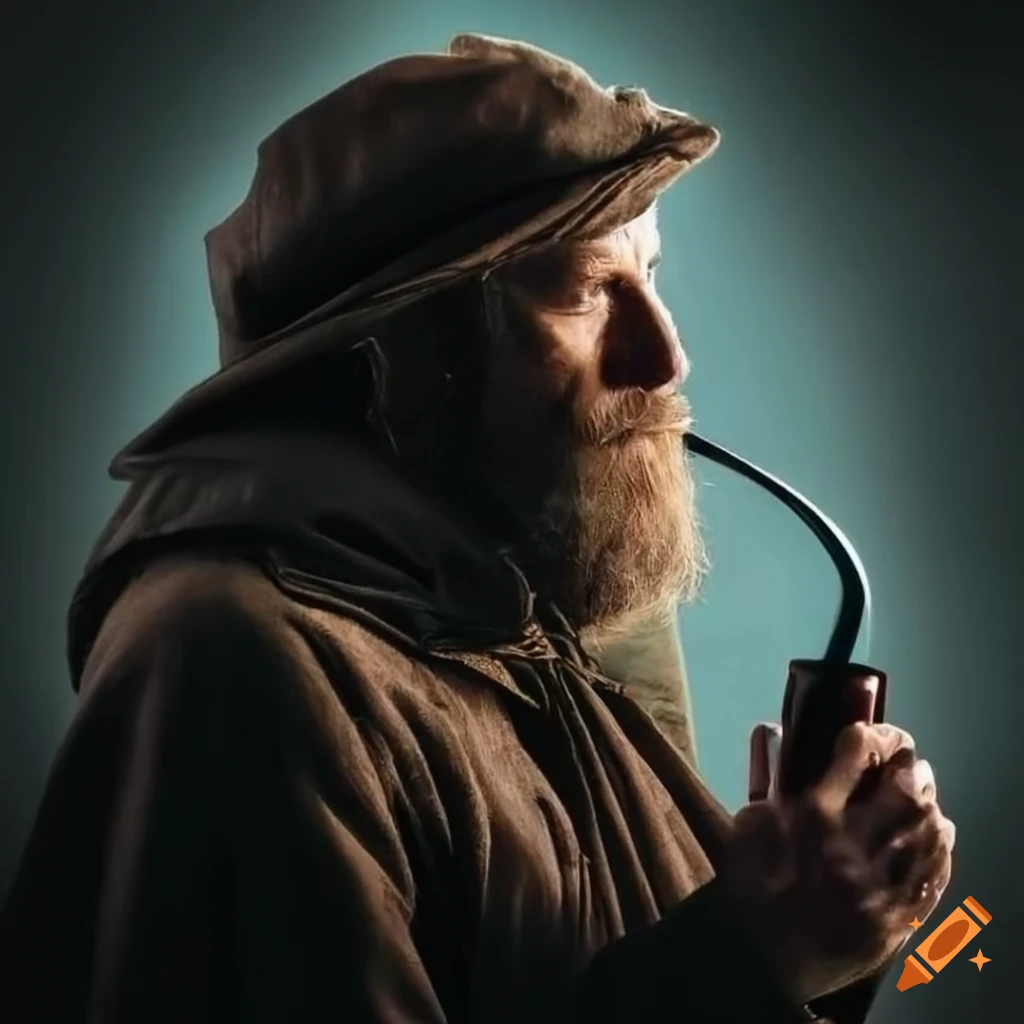 Illustration of a mischievous hobbit smoking a pipe