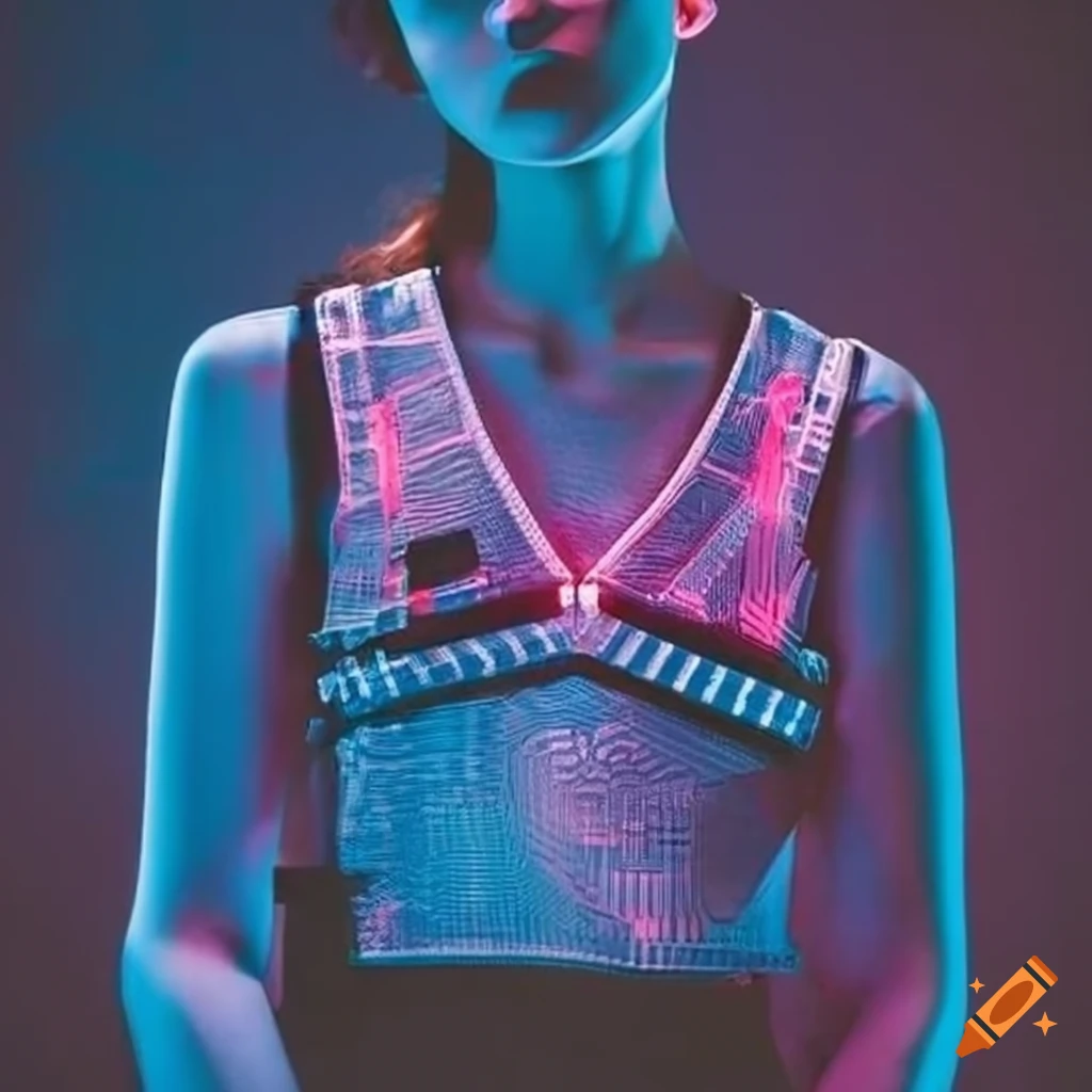 High-tech safety vests with blue neon circuit pattern on Craiyon