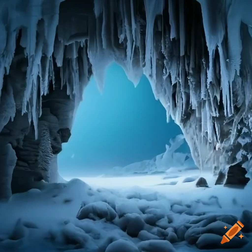 Interior of a frosty cave during a blizzard