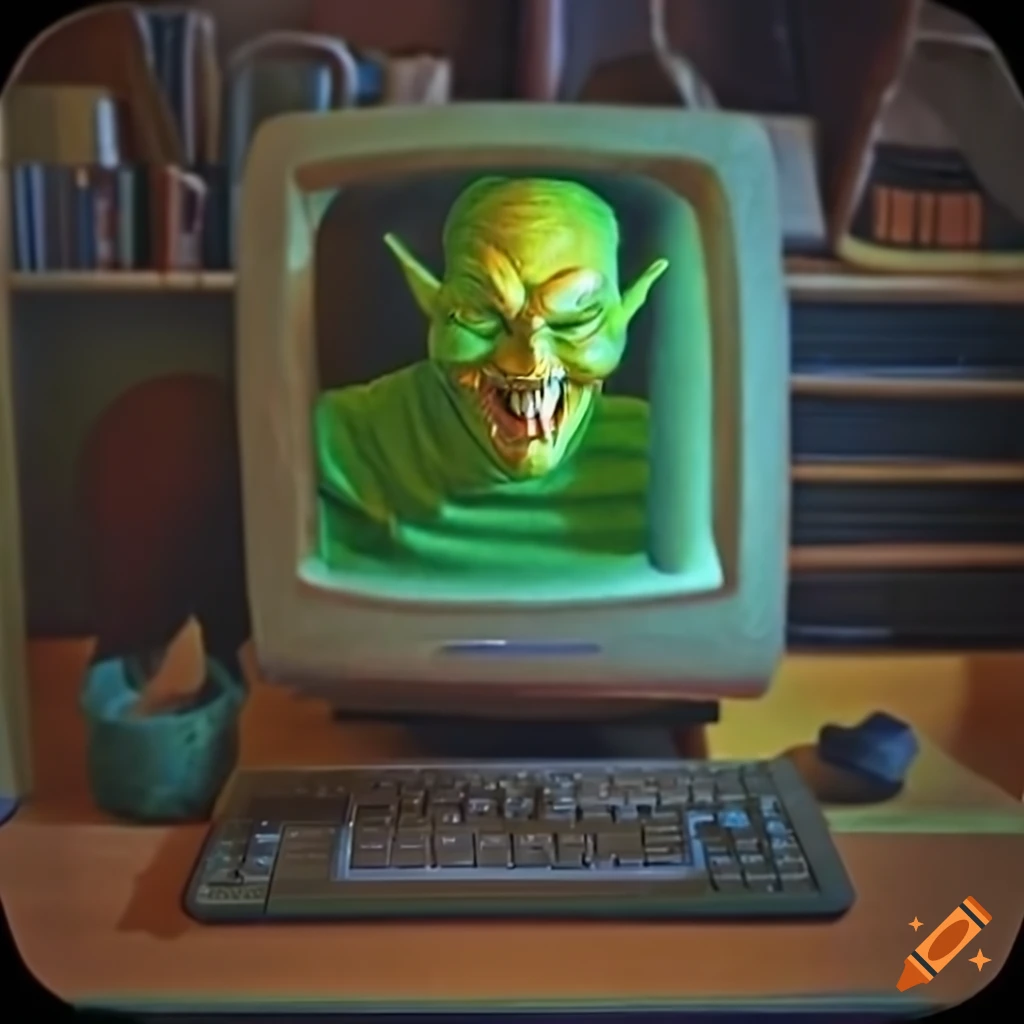 Green goblin learning coding in his living room on Craiyon