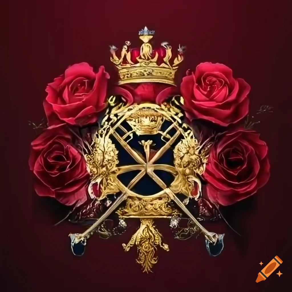 Royal crest with crossed swords, scotch, and red roses on Craiyon
