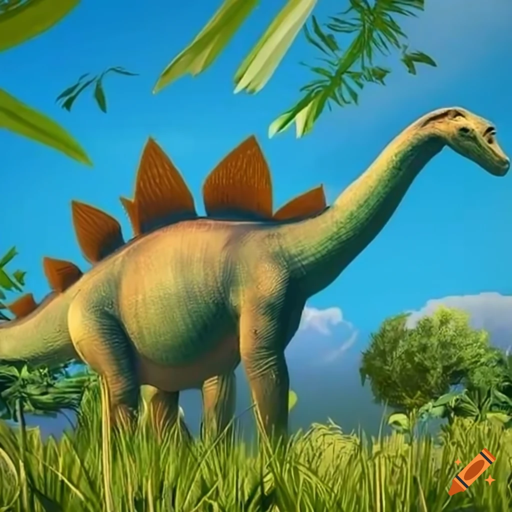 Red brachiosaurus in a sunny jungle on Craiyon