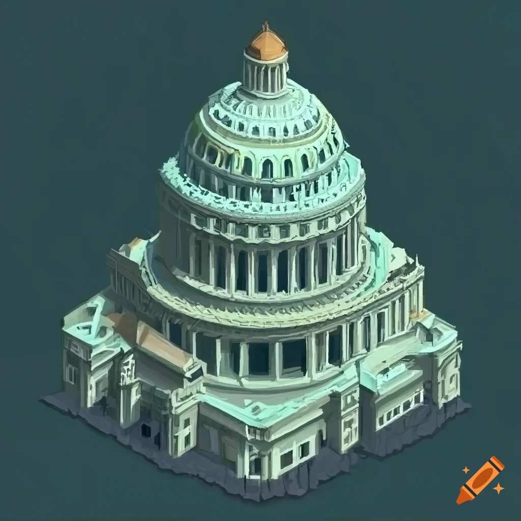 Isometric view of a fantasy rpg game capitol building in a jungle ...