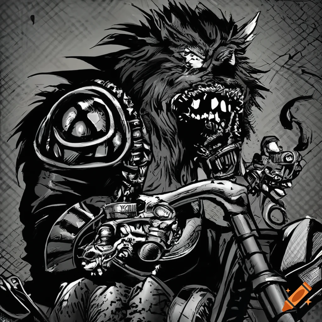 Black and white comic style image of a werewolf on a flaming motorcycle