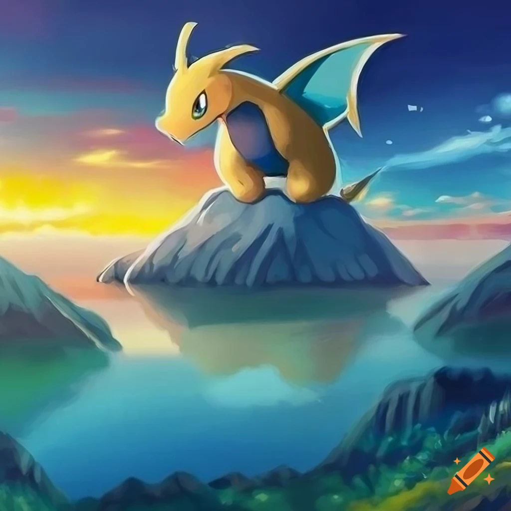Wide-angle acrylic illustration of dragonite soaring over a landscape ...