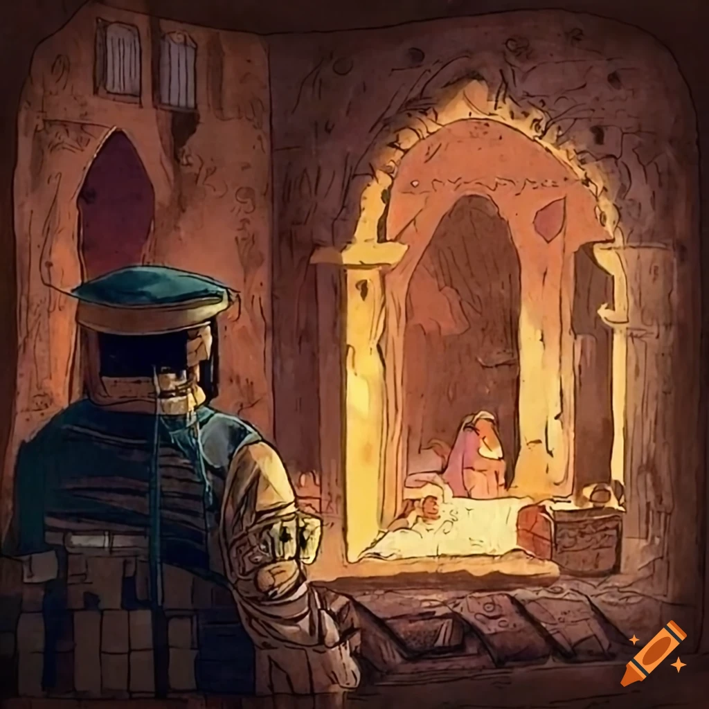 Nativity scene with a soldier examining architectural plan on Craiyon