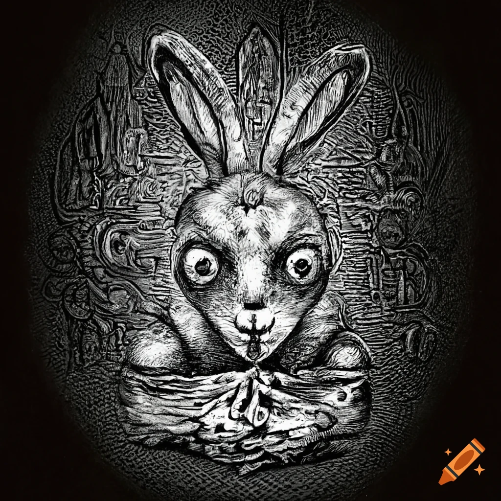 Mixed media artwork of a divine rabbit with goose eyes on a yellowed ...