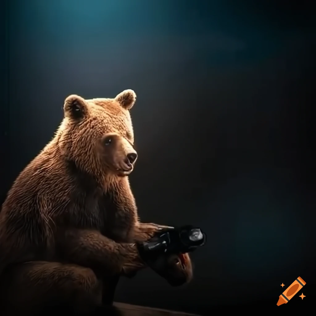 Bear with headset at a desk with a laptop in a podcast setting on Craiyon