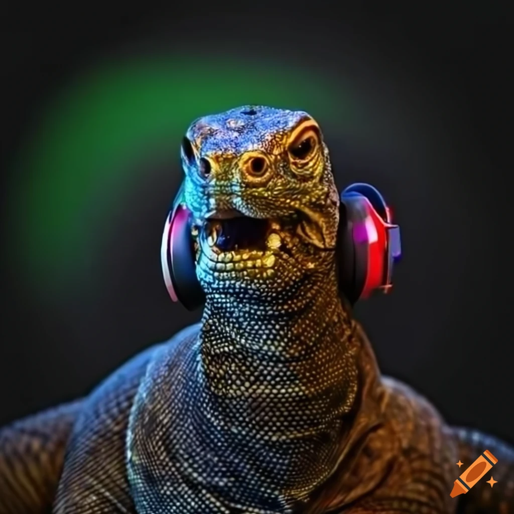 Komodo dragon wearing a gaming headset on Craiyon