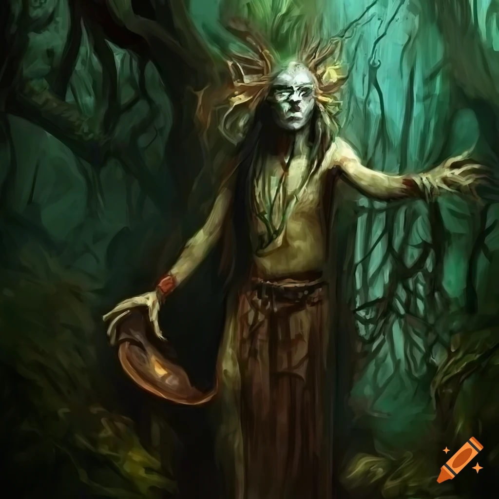 Artwork of a powerful firbolg shaman connecting with a spirit on Craiyon