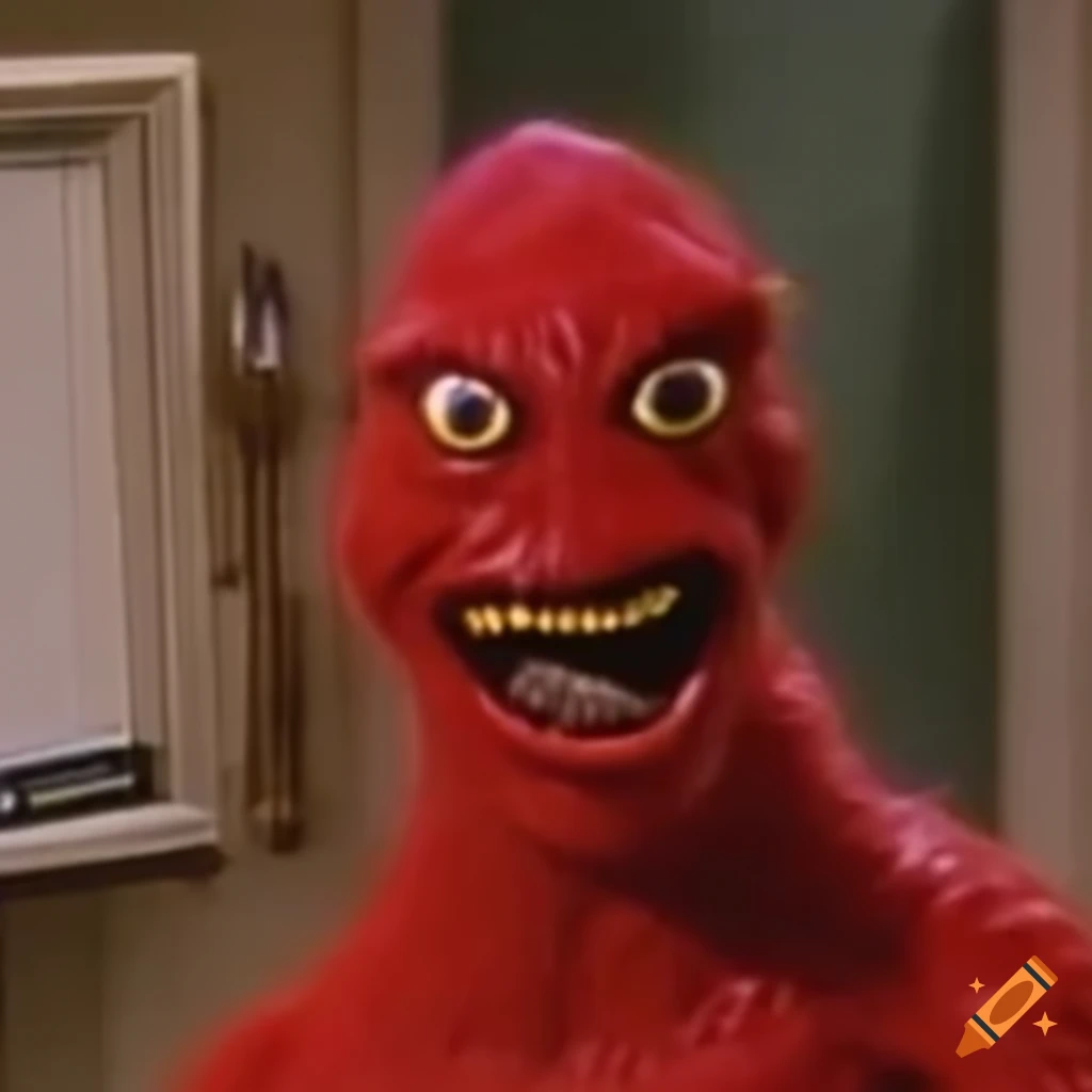 Vhs-style red creature dancing in a retro sitcom on Craiyon
