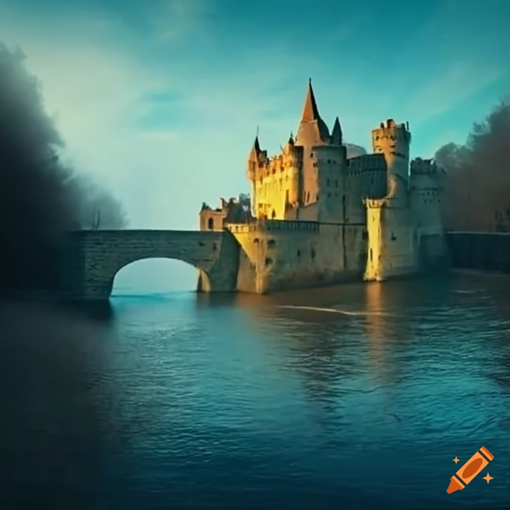 Impressive castle with a bridge over a river on Craiyon