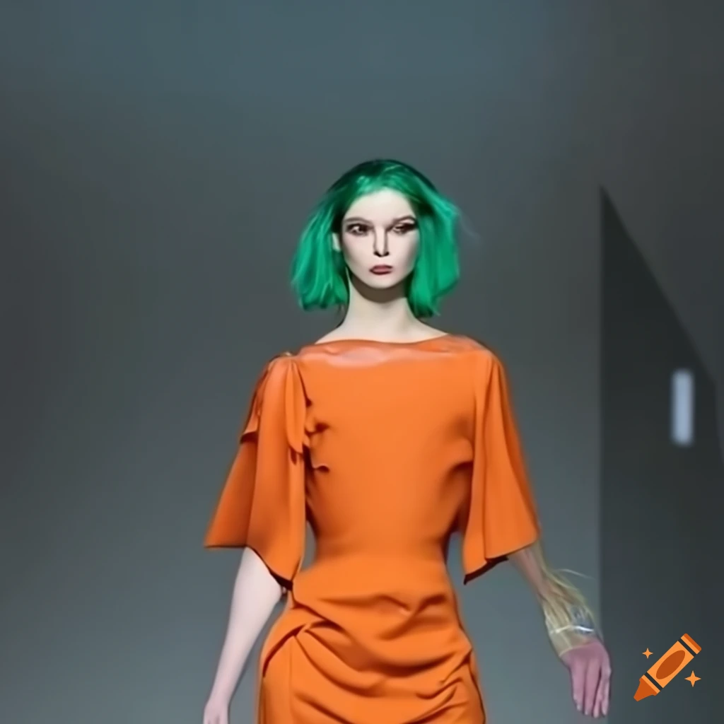 Green-haired woman in stylish orange dress on fashion runway on Craiyon