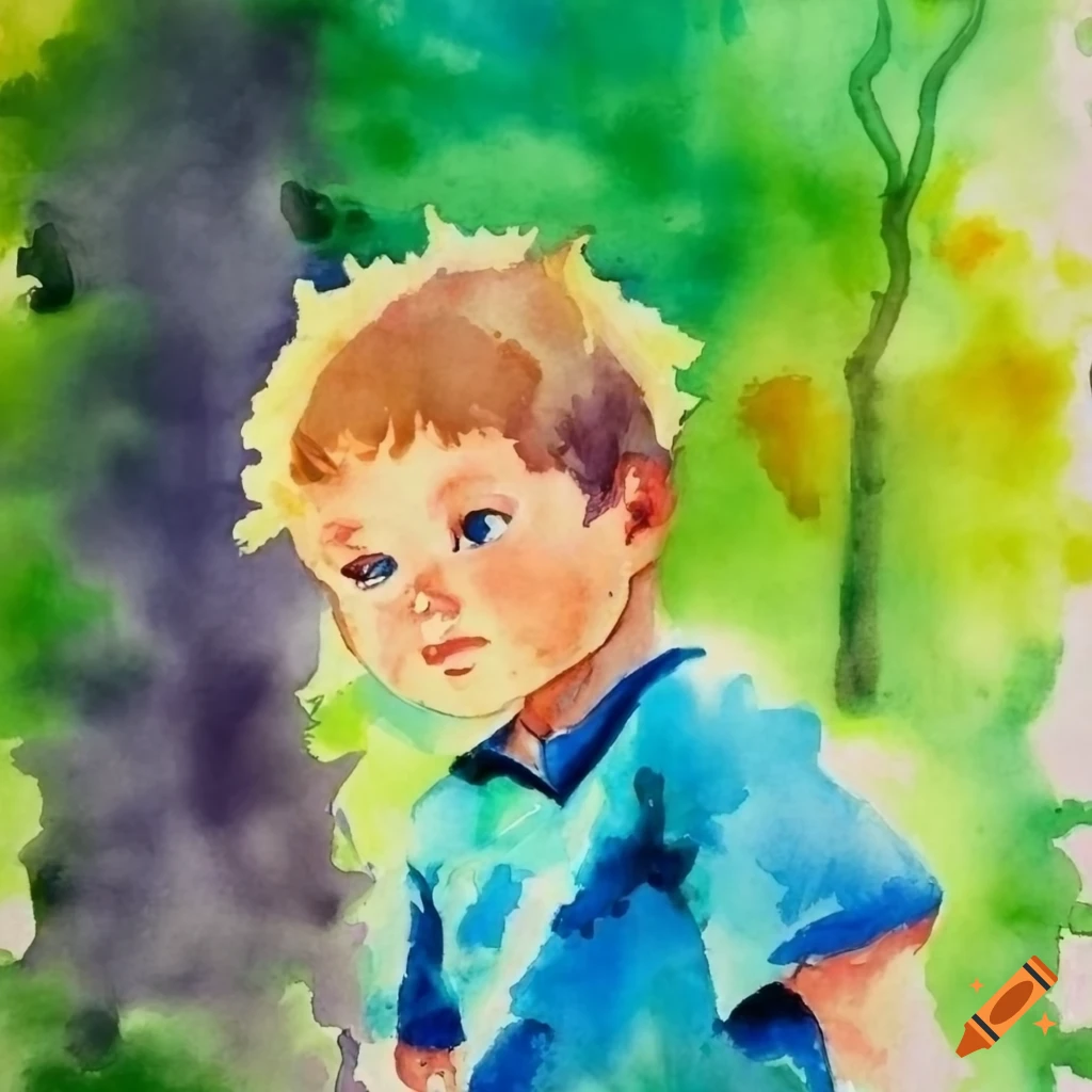 Watercolor painting of a boy in a park