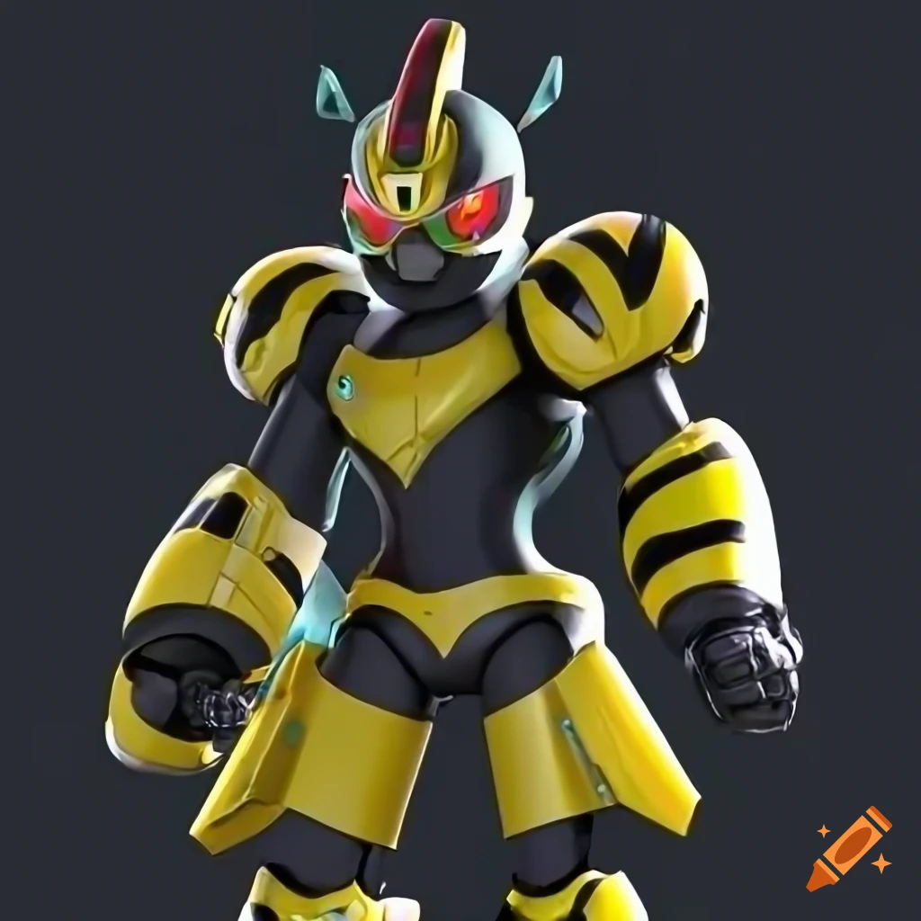 3D render of evil bee-themed mega man villain on Craiyon