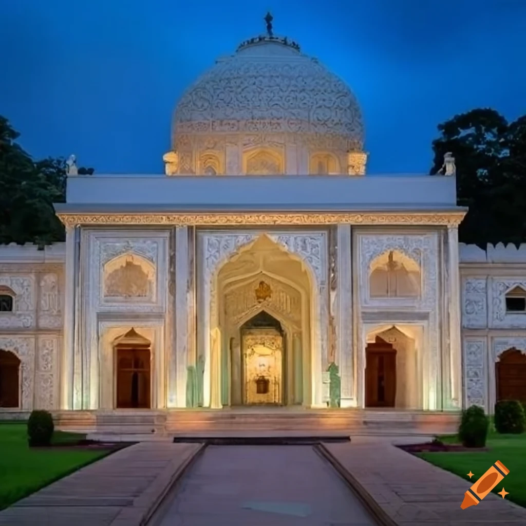White mughal-style building with elaborate front elevation on Craiyon