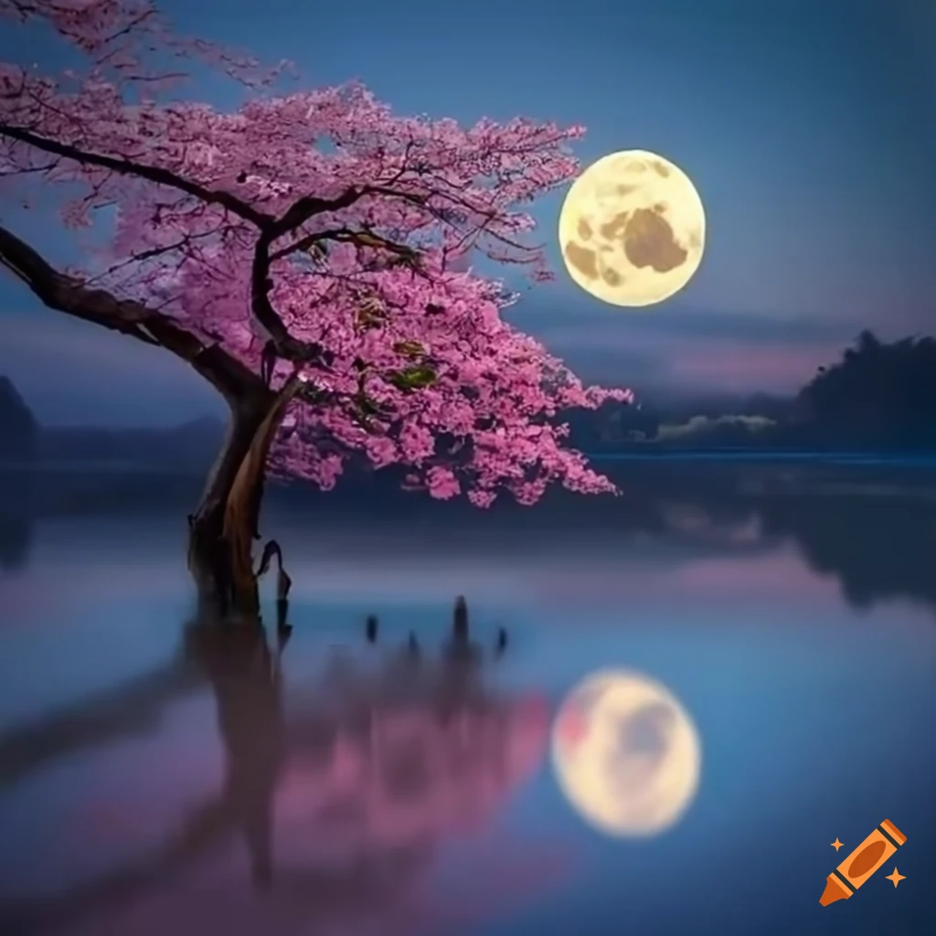 Sakura tree by the river under moonlight on Craiyon