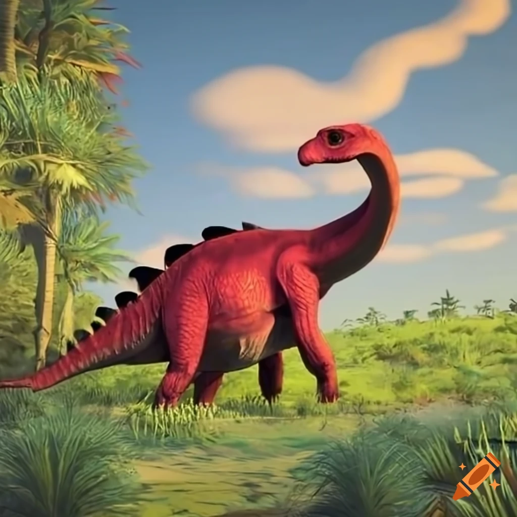 Image of a red stegosaurus in tall wild vegetation